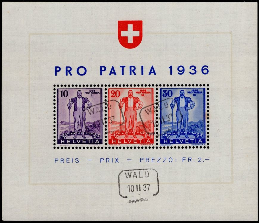Pro Patria Block 1936, W8 gest. WALD, 300.- (Gebraucht) in Horw für CHF 33 – nur Abholung auf ...