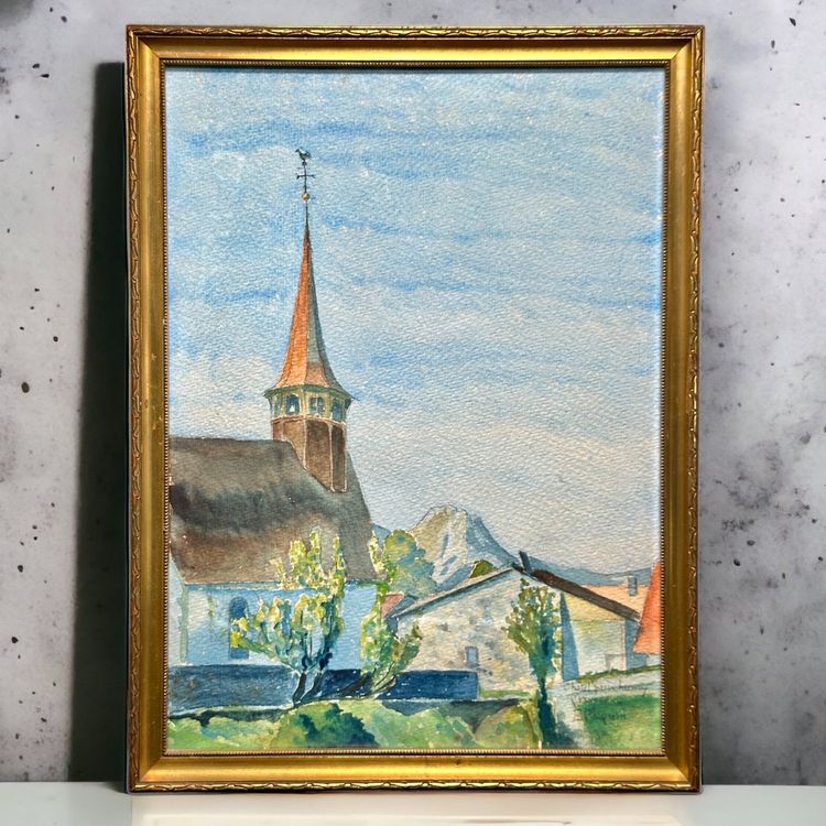 Aquarelle sur carton "Châtel près Charmey" signée | Kaufen auf Ricardo