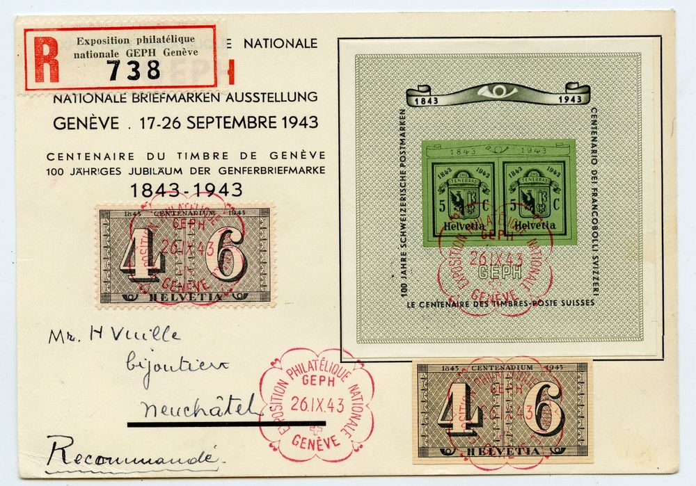 R-Karte mit Genfer Block W 18 / W 15 - Genève 26.IX.43 (Gebraucht) in ...