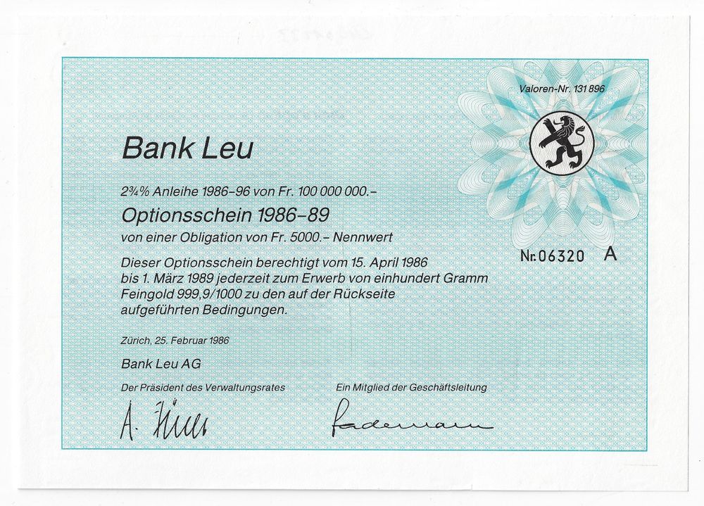 Bank Leu - Optionsschein (Gebraucht) in Balsthal für CHF 11 – mit ...