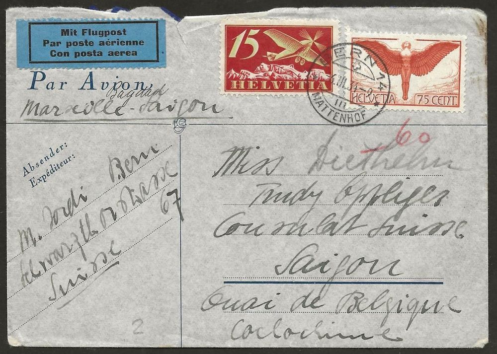 Flugpost Schweiz 1934 Bern Saigon Asien Luftpost (Gebraucht) in Au ZH für CHF 18 – mit Lieferung ...