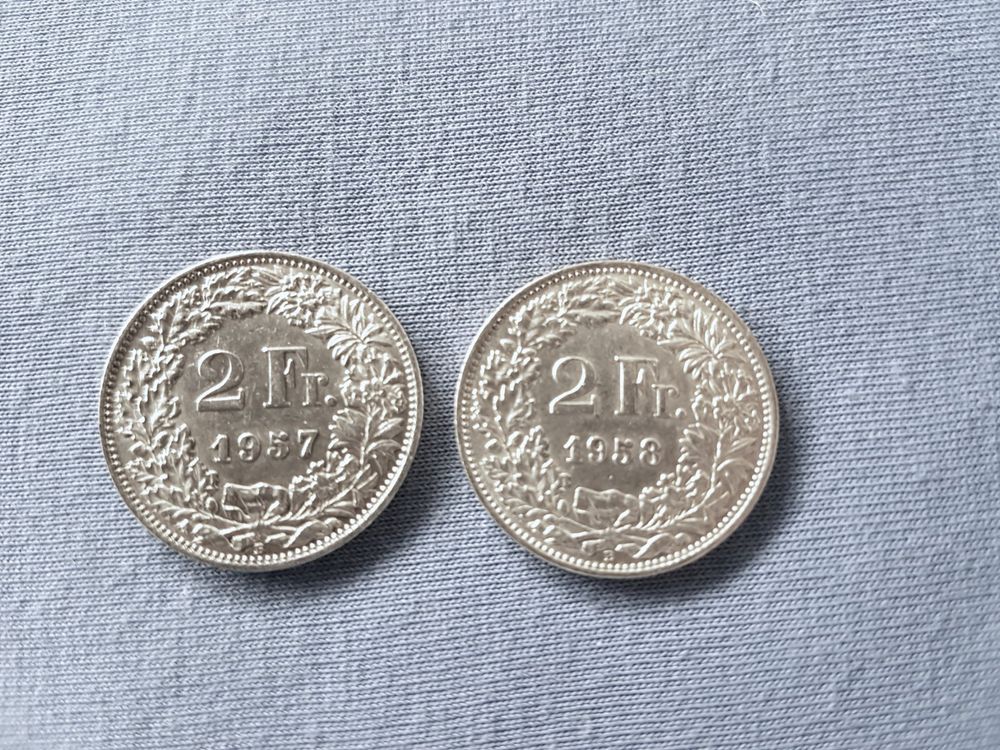 2 x 2 Fr schöne Silbermünzen 50er Jahre 1957-1958 ab 1 Fr !! | Kaufen auf Ricardo