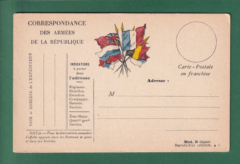 CARTE DE CORRESPONDANCE DES ARMEES (D'occasion) à Pully pour CHF 5 ...