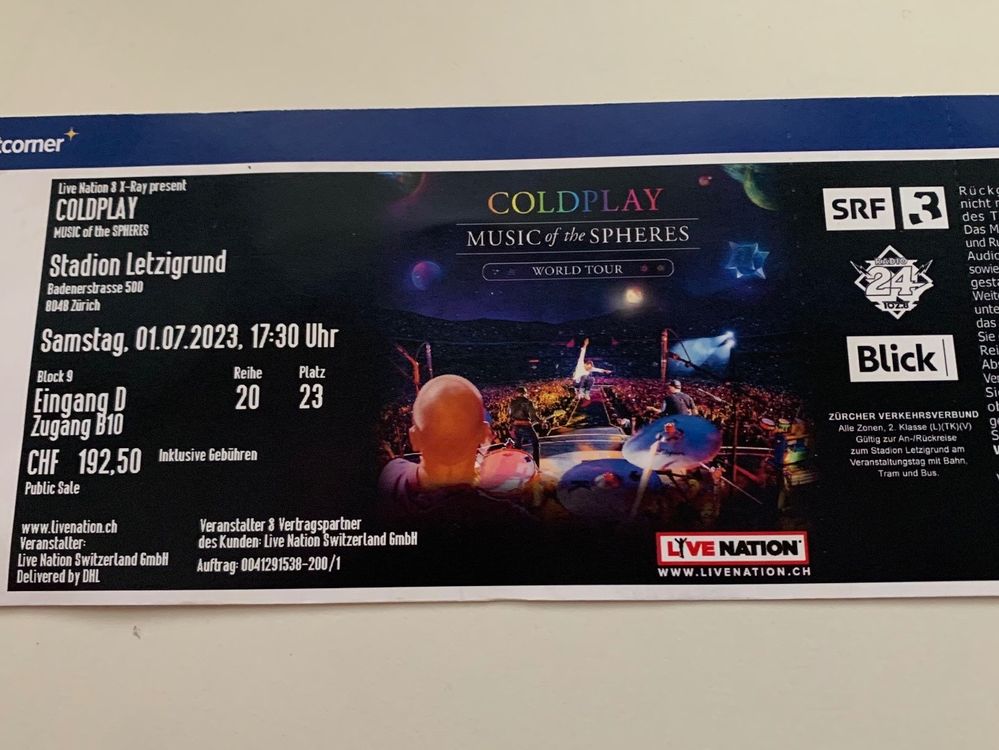 Coldplay Ticket / 01.07.2023 / 1 Sitzplatz (Gebraucht) in Nidau für CHF ...