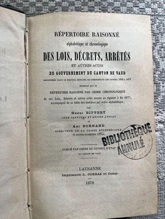Répertoire raisonné, Vaud 1878 (Gebraucht) in Lausanne für CHF 25 – mit ...
