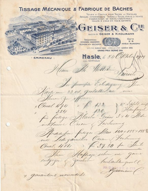 Litho Briefkopf von Geisser & Cie Hasle 1919 | Kaufen auf Ricardo