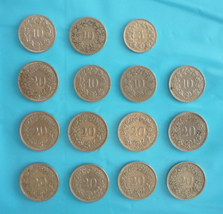 Lot 20 Rappen, 10 Rappen, 5 Rappen Münzen (1884 bis 1967) (Gebraucht) in Aarau für CHF 0.4 – mit ...