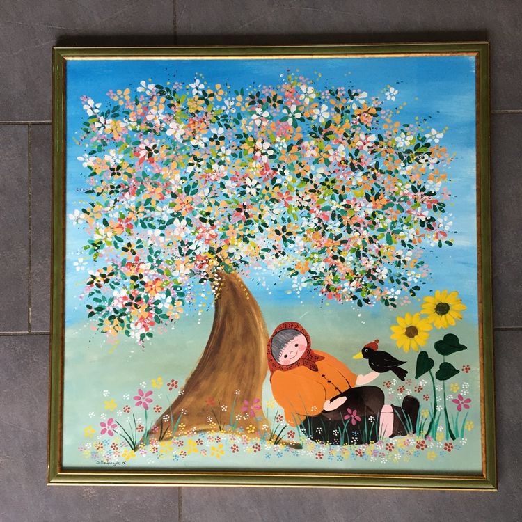 Gemälde Naiv-Malerei gerahmt hinter Glas signiert 60 x 60cm | Kaufen auf Ricardo