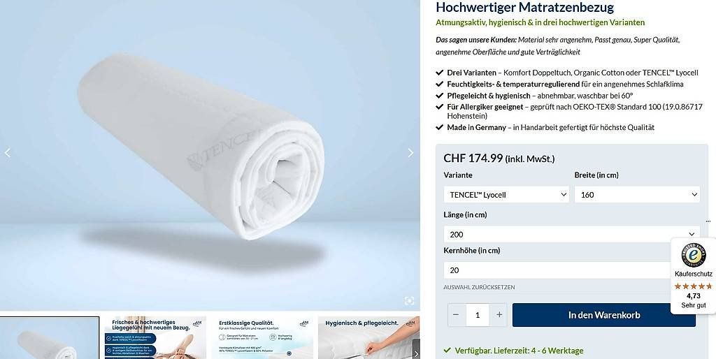 Qualitäts Matratzenüberzug 200 x 180 x 20cm Tencel NEU (Neu (gemäss ...