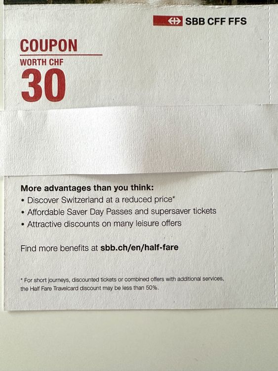 Swiss Half Fare Travelcard Coupon 30 CHF Discount (Neu (gemäss ...