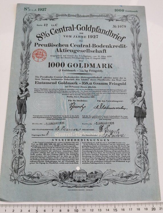 8%Central-Goldpfandbrief 1000 Goldmark 1928, deutsches Reich (Gebraucht ...