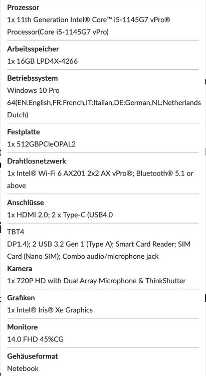Lenovo ThinkPad Gen2 /16/ 512/ Win11 Pro/ QWERTY / Top Gerät (Gebraucht ...