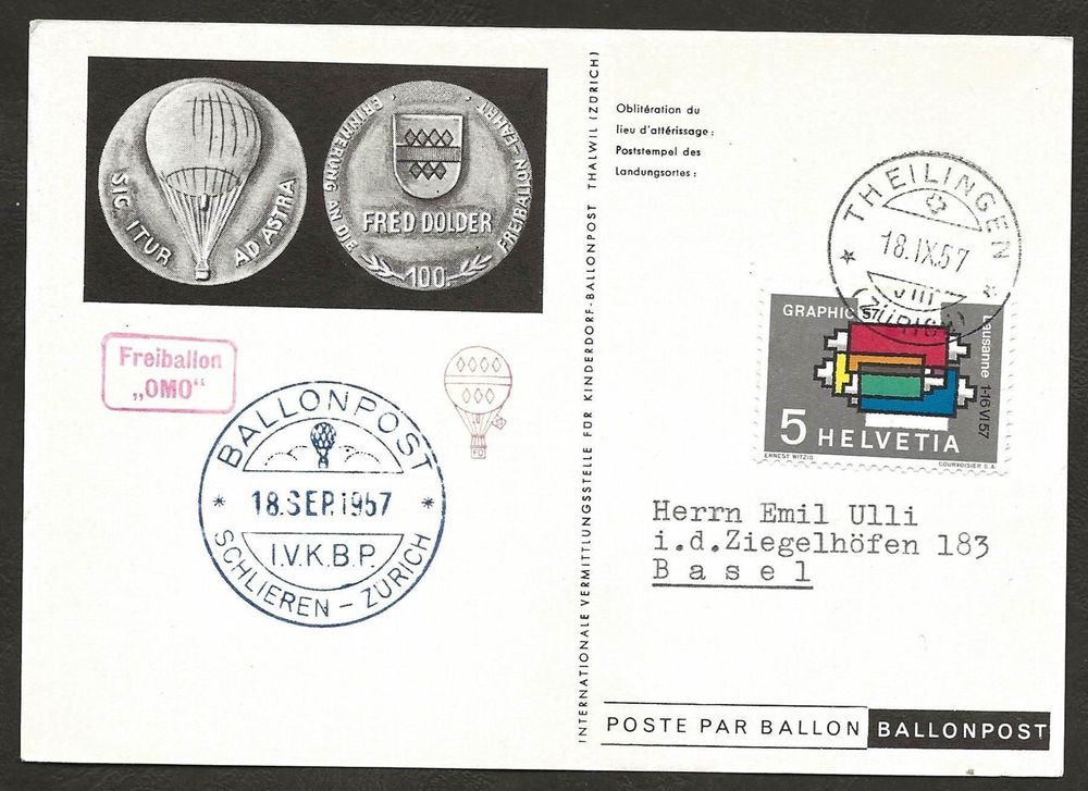Ballon Schweiz 1957 Schlieren Theilingen Luftpost (Gebraucht) in Au ZH für CHF 1 – mit Lieferung ...