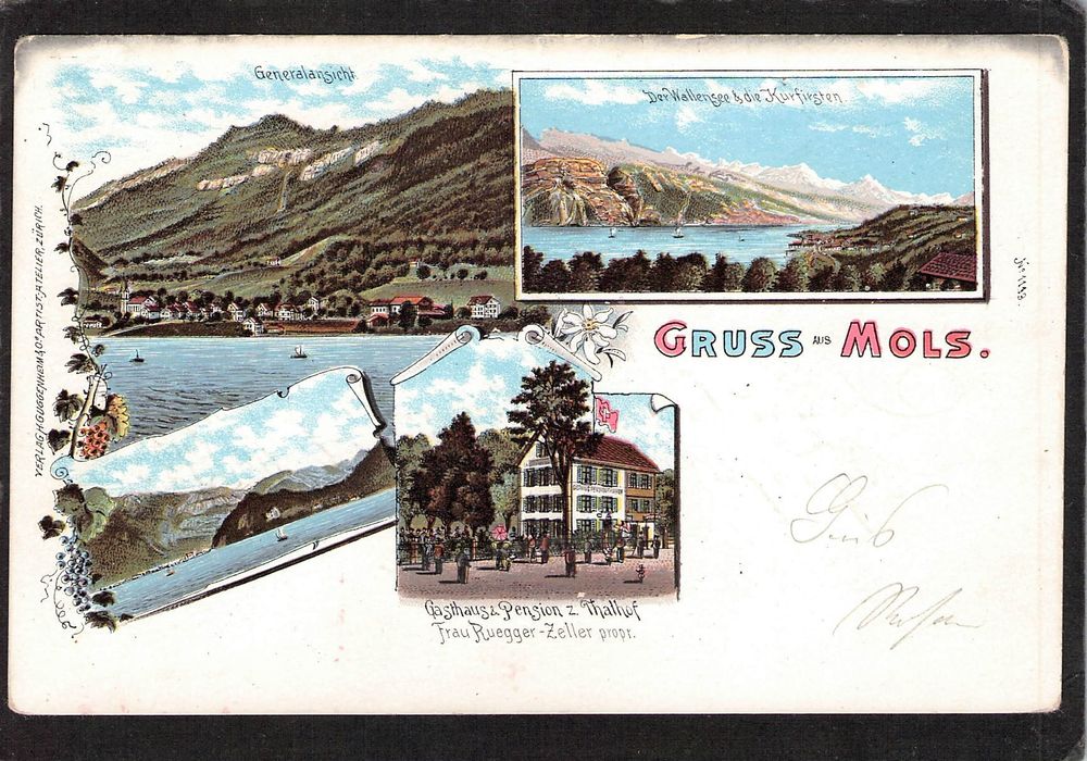 Lithographie : Gruss aus Mols SG , gel. 1899 , Stabstempel (Gebraucht) in Reichenburg für CHF 33 ...