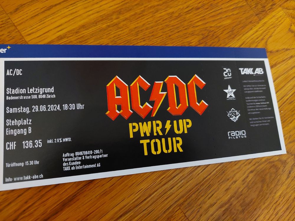 AC/DC Stehplatz Ticket Zürich 29.6. Eingang B (Neu und originalverpackt ...