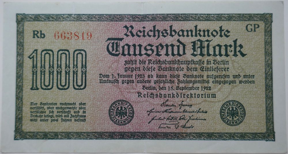 Reichsbanknote 1000 Mark 1922 (Gebraucht) in Möhlin für CHF 3 – mit ...