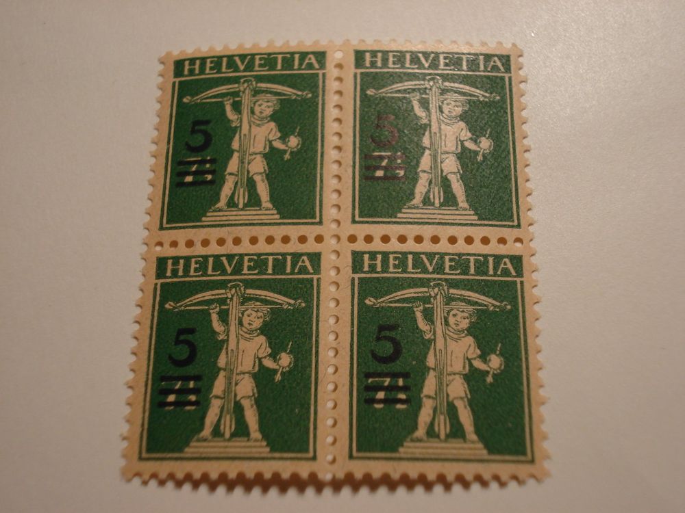 4erblock Tellenbub, mit Überdruck, 5 auf 7 1/2 Rp, **, bugig (Gebraucht ...