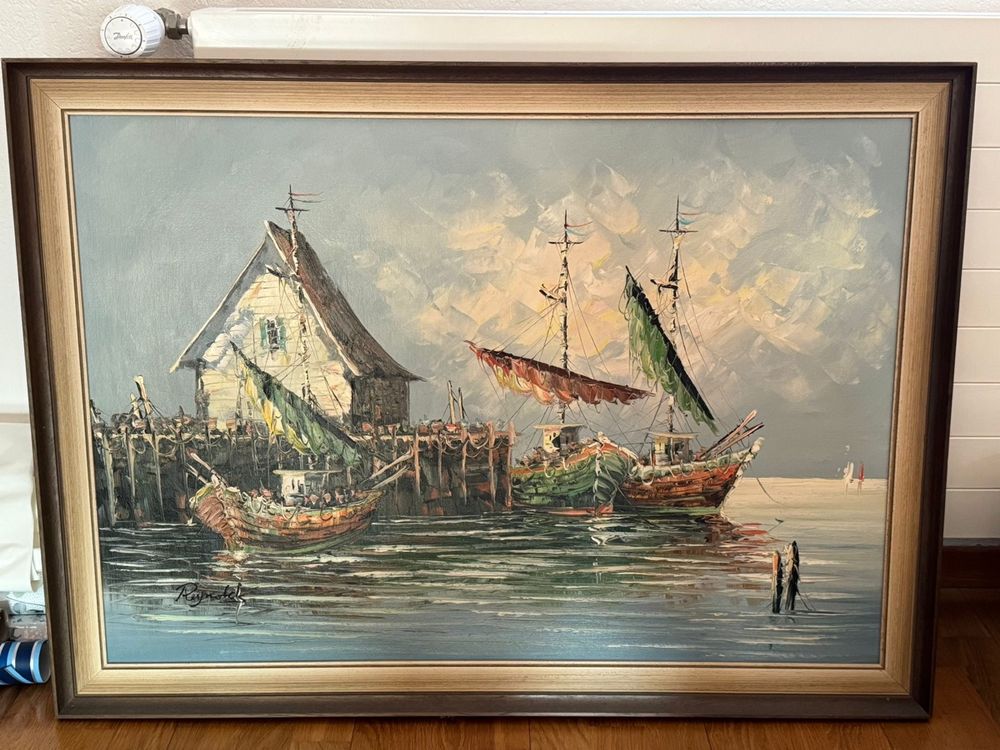 Gemälde Schiffe am Steg signiert | Kaufen auf Ricardo