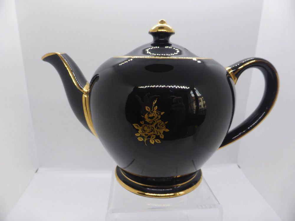 Sadler théière anglaise céramique laquée noire décor fleurs (D'occasion ...