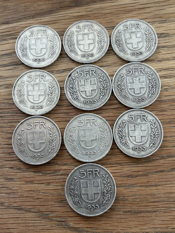 10 Silbermünzen 5 Franken 1933 Schweiz Helvetia Jahrgang (Gebraucht) in Ebikon für CHF 135 – mit ...