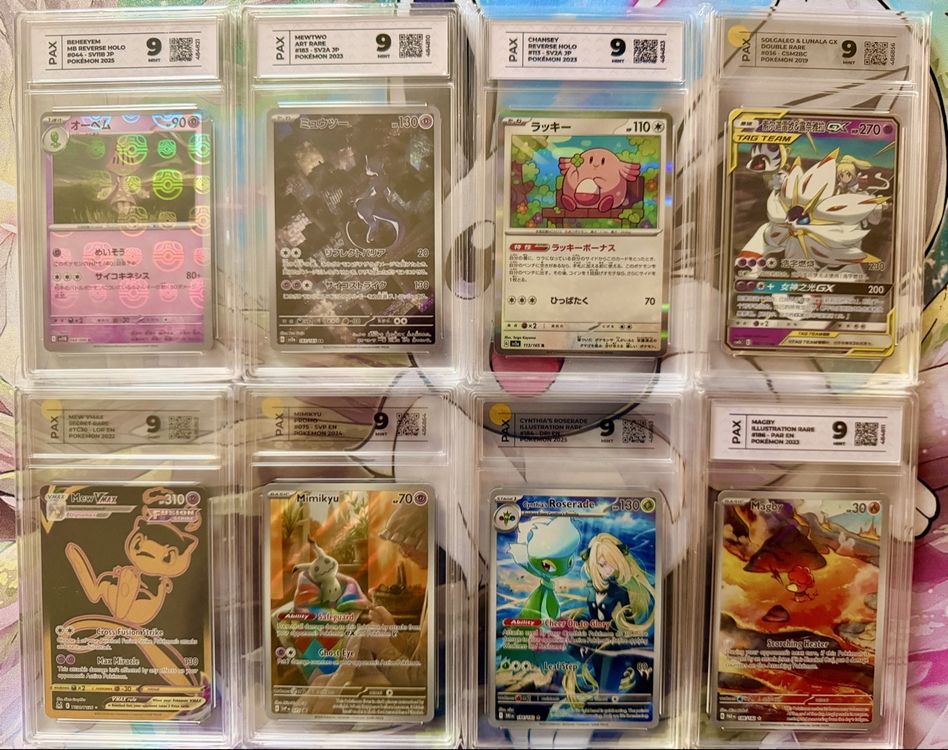 8x Pax graded Pokémon cards - Mew, Mimikyu, MewTwo, TagTeam (Neu ...