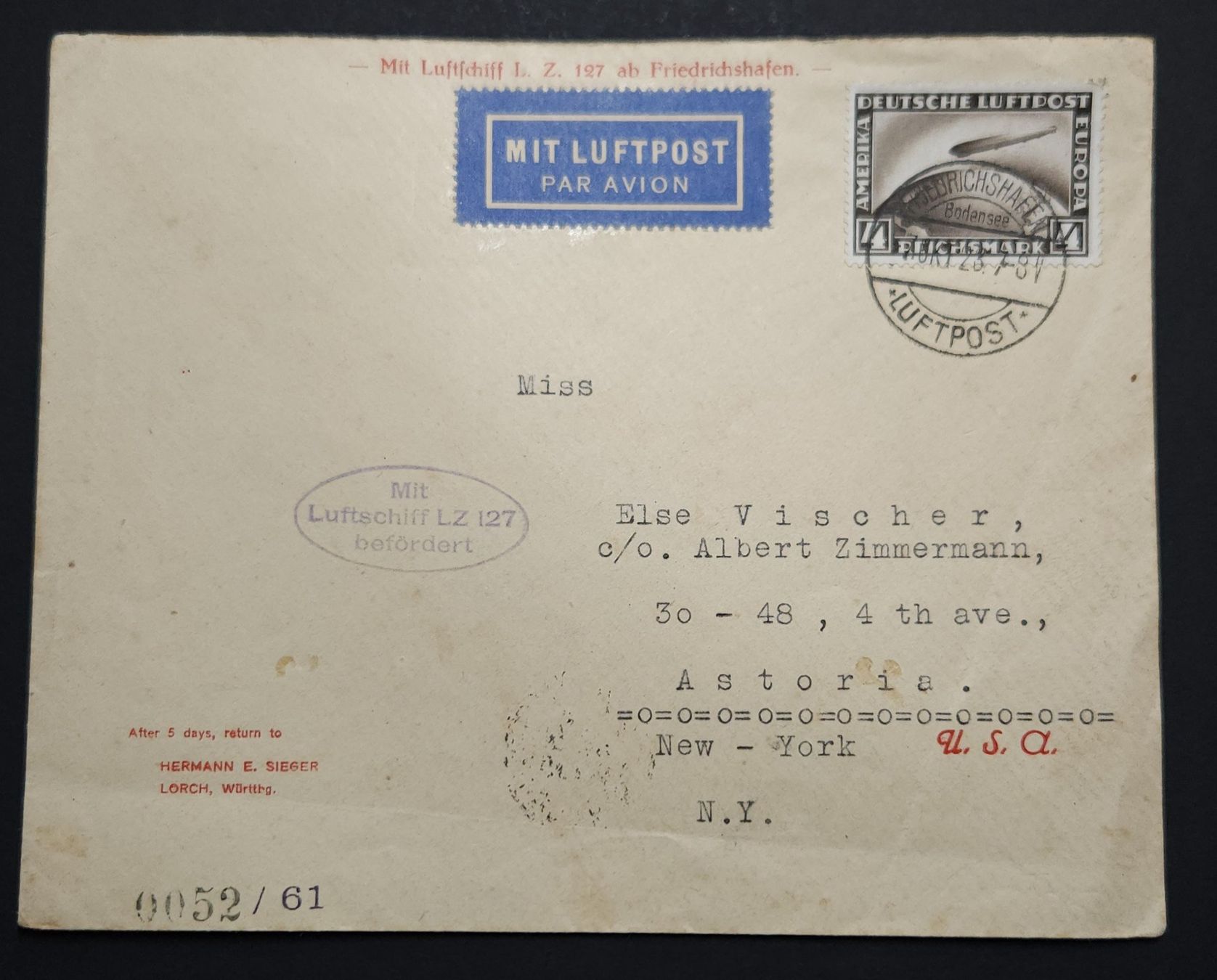 ZEPPELIN Luft Post gelaufen nach New York (Gebraucht) in Kriens für CHF ...