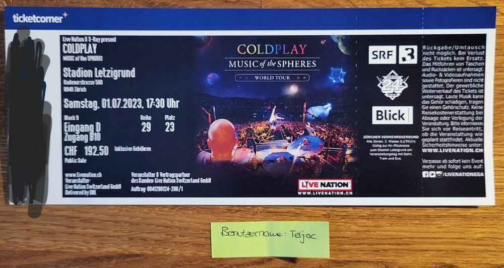 Coldplay Sitzplatzticket, 01.07.2023, Zürich (Neu (gemäss Beschreibung ...
