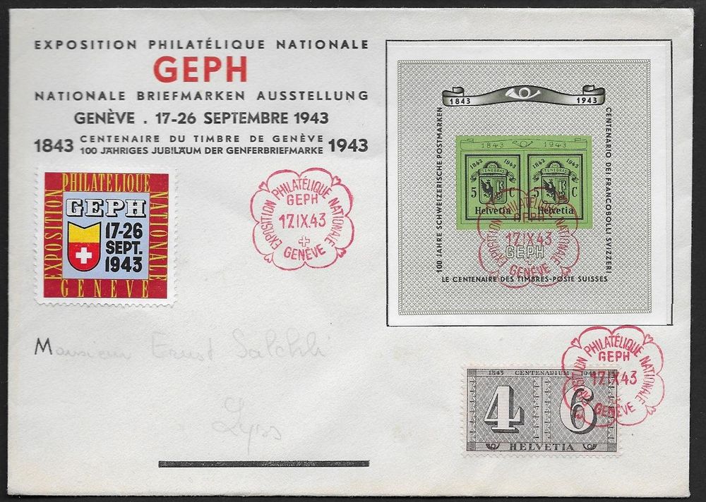 1943 illust. FDC Genfer Block W18 + VIGNETTE selten ab 1.- (Gebraucht) in Zürich für CHF 15 ...