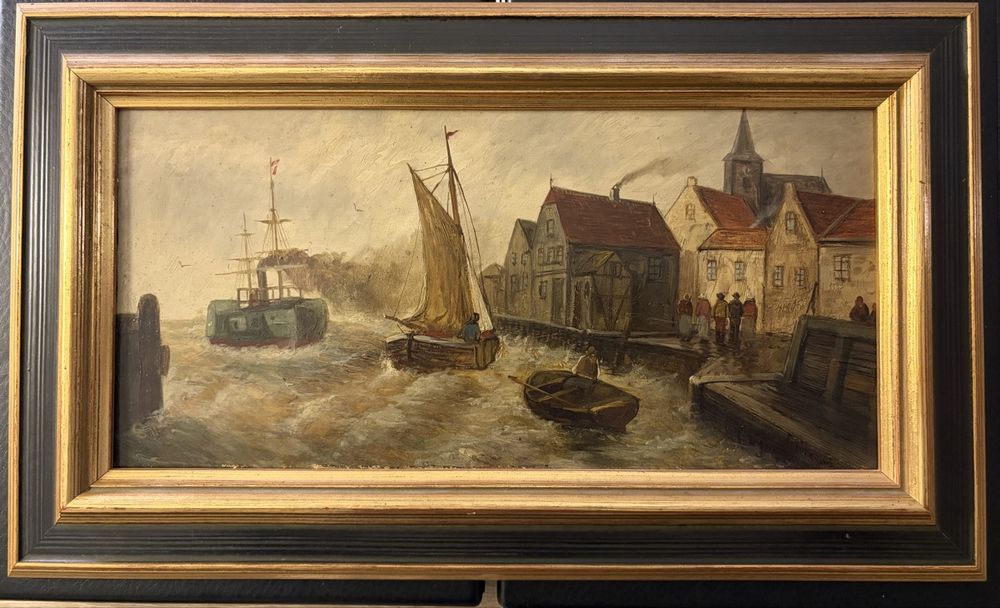 Antikes Öl-Gemälde Sturm-Hafen Frankreich J. Corneau(?) (Gebraucht) in ...