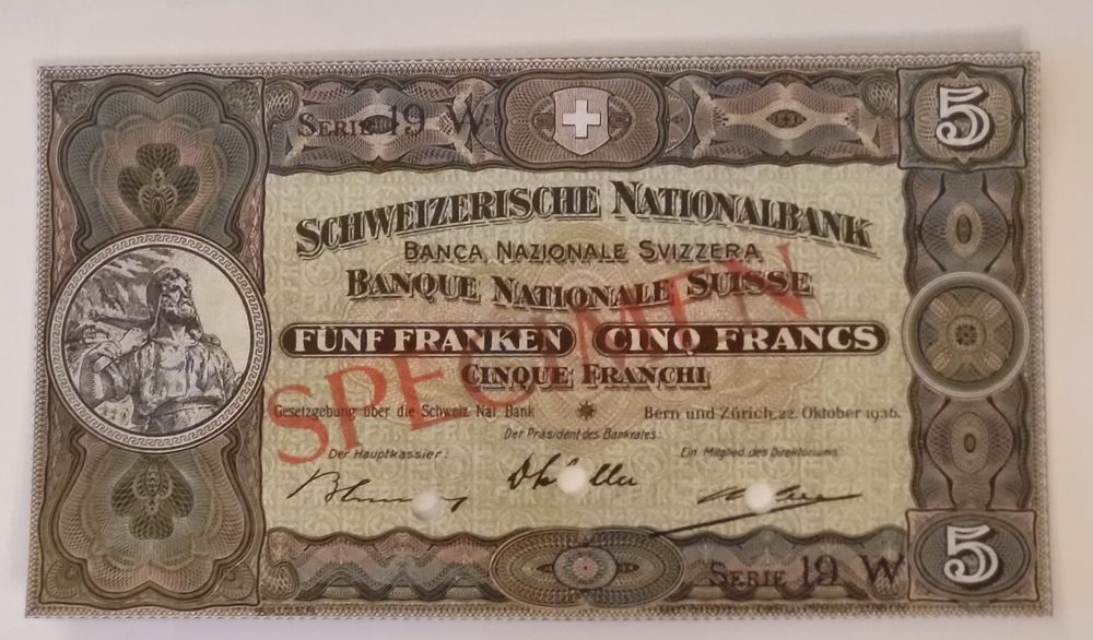 Billet de 5 francs Suisse 1936 - Spécimen rare! (Neuf (Voir description ...