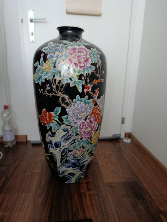 Schöne, grosse Blumenvase, schwa. Phönix vogel Blumenmuster! (Gebraucht ...