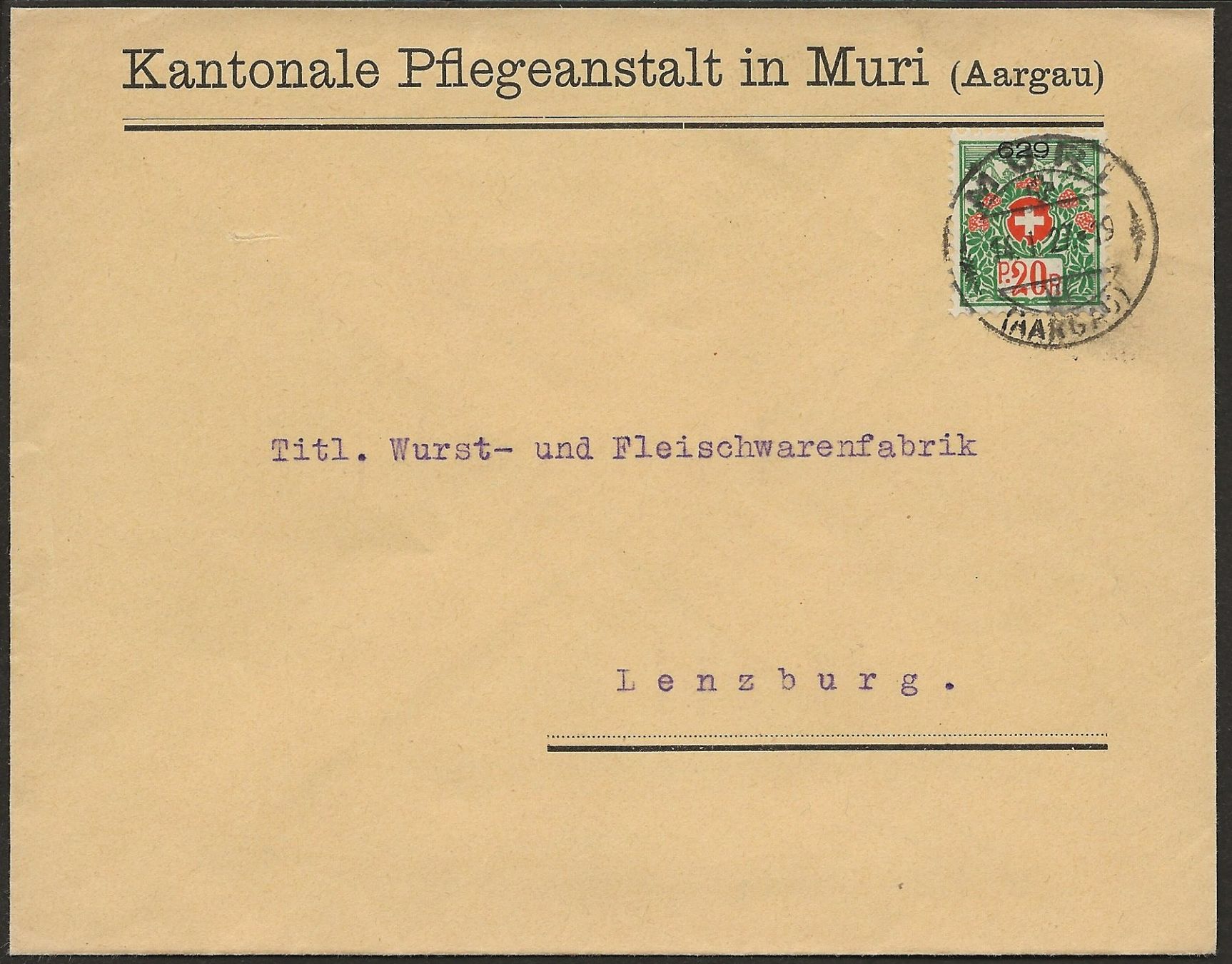 14.1. 1927 Portofreiheit Nr 629 Pflegeanstalt MURI AG Pflegi (Gebraucht ...