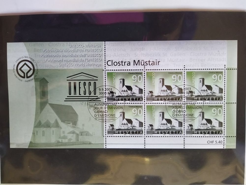 Unesco Briefmarkenbogen, Clostra Müstair, 2003, sauber (Gebraucht) in Ohmstal für CHF 1 – mit ...