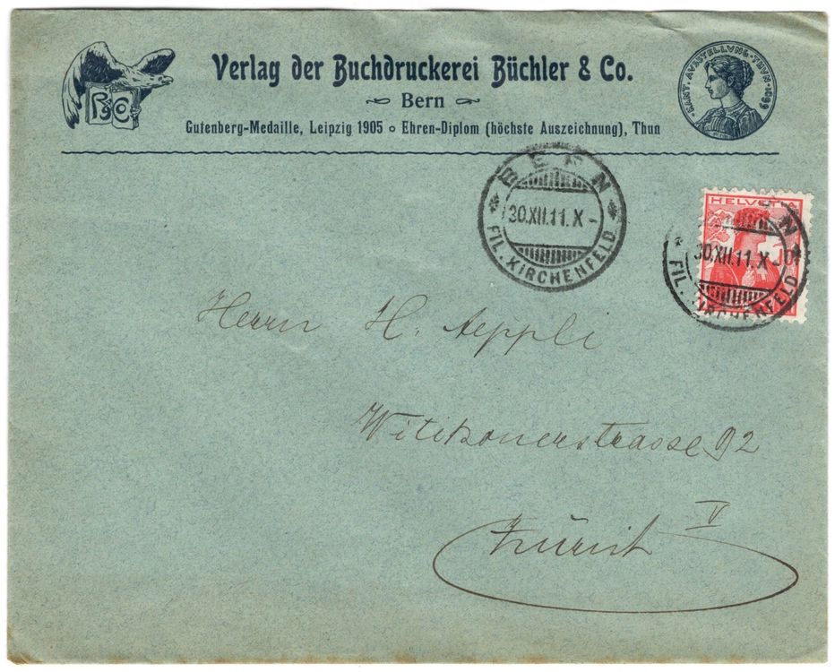 Verlag der Buchdruckerei Büchler & Co. - ill. Beleg von BERN (Gebraucht ...