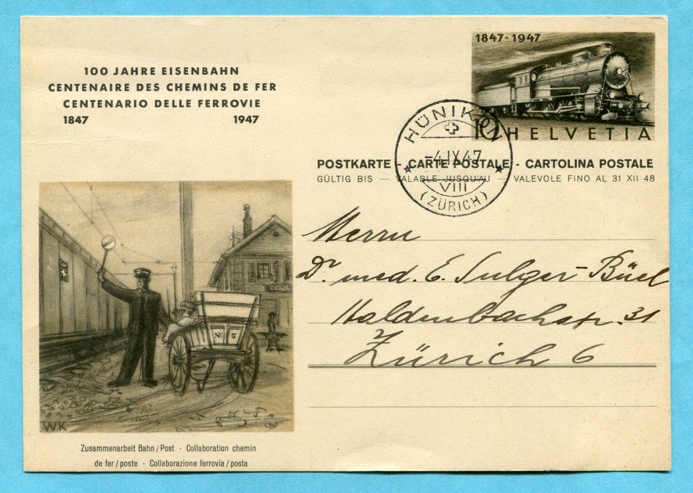 Postkarte Hünikon 1947 - 100 Jahre Eisenbahn | Kaufen auf Ricardo