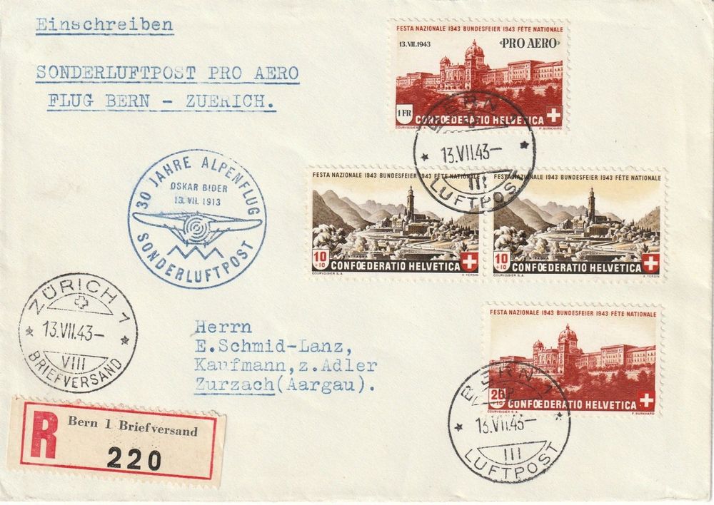 Pro Aero 1943, mit PP-Satz auf Sonderluftpostbrief BE-ZH (Gebraucht) in Turgi für CHF 5 – mit ...