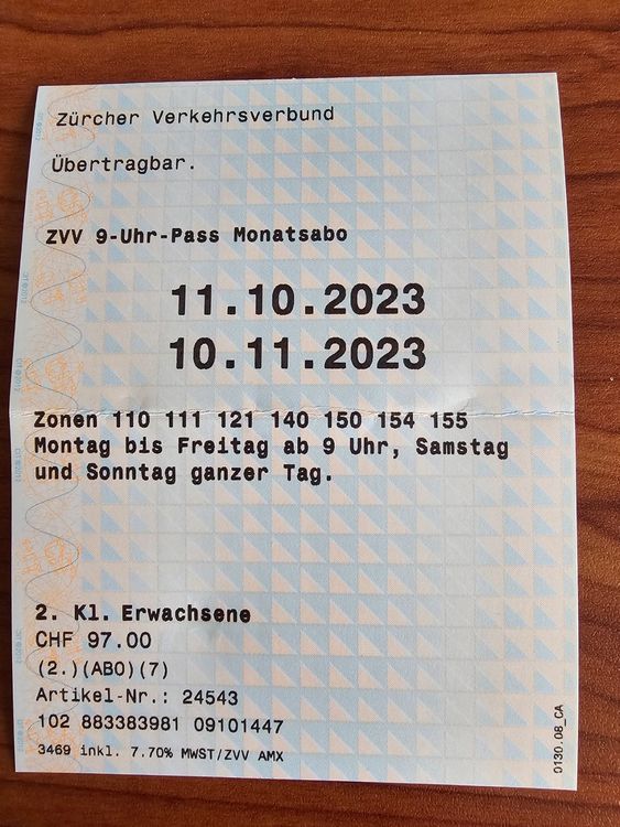 ZVV 9-Uhr-Pass gültig bis 10. November 2023 (Neu (gemäss Beschreibung)) in Zürich für CHF 55 ...