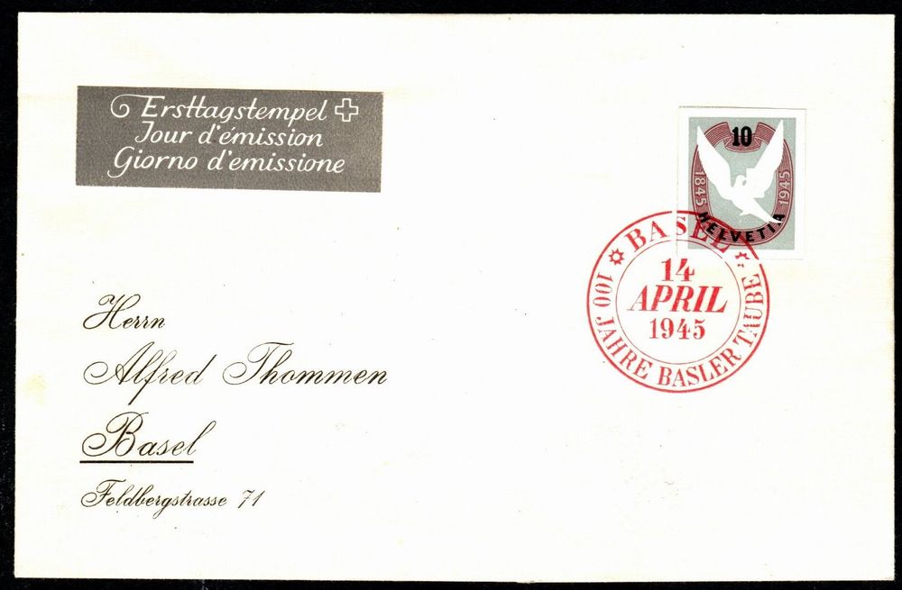 FDC 1945 Ausschnitt Block Basler Taube Streifband SBK 100.- (Neu und originalverpackt) in Zürich ...