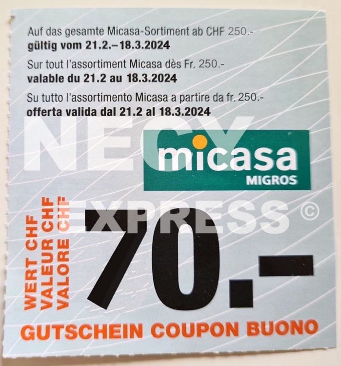 micasa Gutschein CHF 70.– ab 250.- (Neu (gemäss Beschreibung)) in Zürich für CHF 10 – mit ...