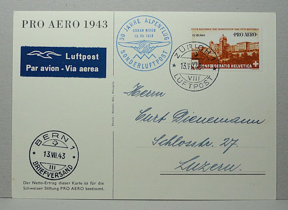 Postkarte Pro Aero F36 / Zürich-Bern 13.VII.1943 | Kaufen auf Ricardo