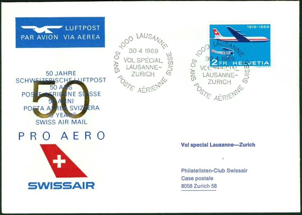 1969_50 Jahre Schw. Luftpost; Sonderflug "Lausanne - Zürich" (Gebraucht ...