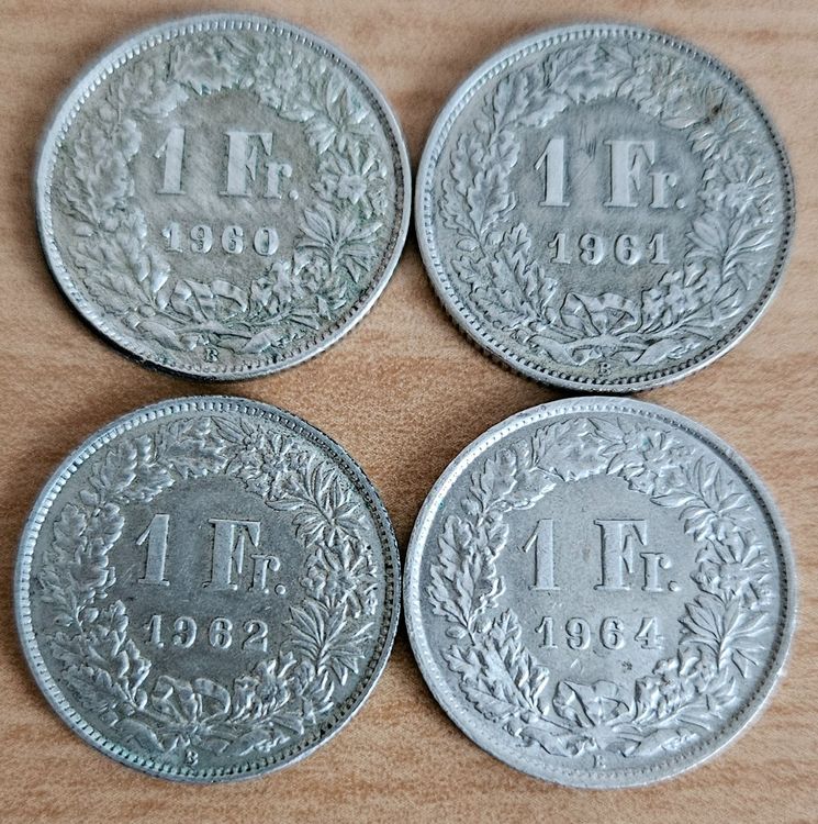 4 Stk. Silbermünzen Helvetia 1 Fr. 1960/61/62/64 (Gebraucht) in Möriken AG für CHF 10 – mit ...