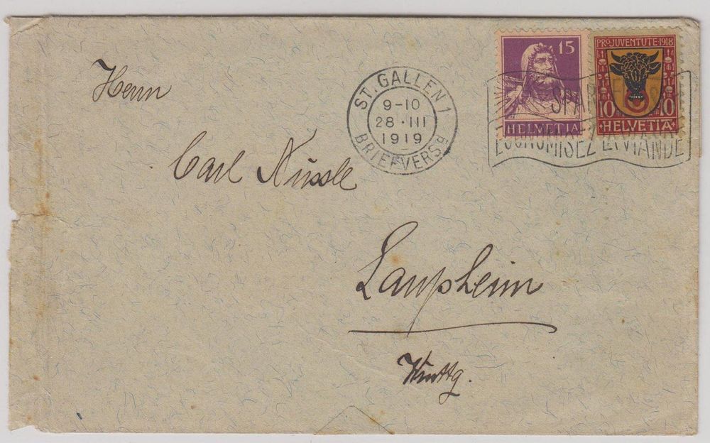 1919: "Unzulässige" Auslandfrankatur m. PJ nach Würthenberg! (Gebraucht) in Luzern für CHF 95 ...