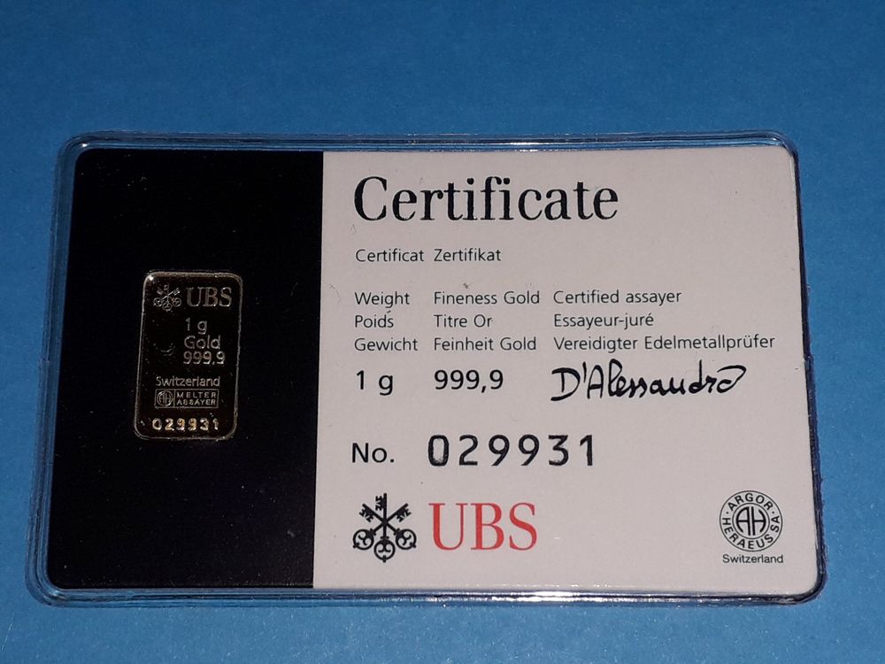 1 Gramm Gold Barren * Gold 999,9 * UBS Schweiz * Kinebar (Neu und ...