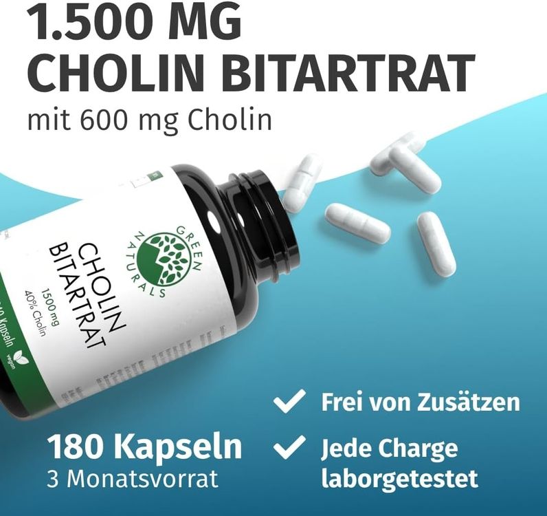 Cholin Bitartrat 1500 mg – Green Naturals® 180 Kapseln (Neu und ...