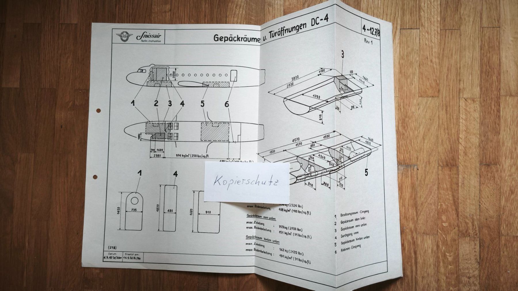 Swissair Douglas DC-4 Gepäckraum-/Tür-Plan 1947 Form (Gebraucht) in Aesch BL für CHF 22 – mit ...