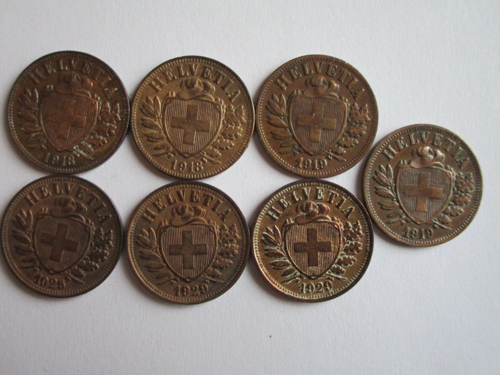 7 x 2 Rappen 1918/1918/1919/1919/1925/1929/1929 (Gebraucht) in Heimberg für CHF 26 – mit ...