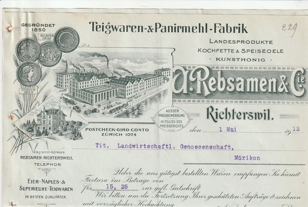 Litho Briefkopf von Firma A. Rebsamen & Cie Richterswil 1912 (Gebraucht) in Rupperswil für CHF 3 ...