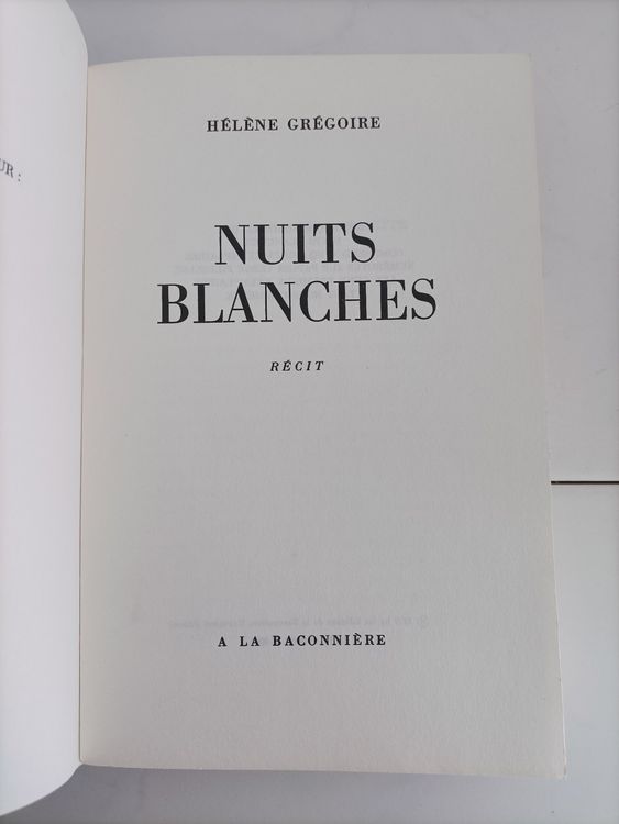 Nuits blanches / Hélène Grégoire / A la Baconnière 1977 (D'occasion) à ...