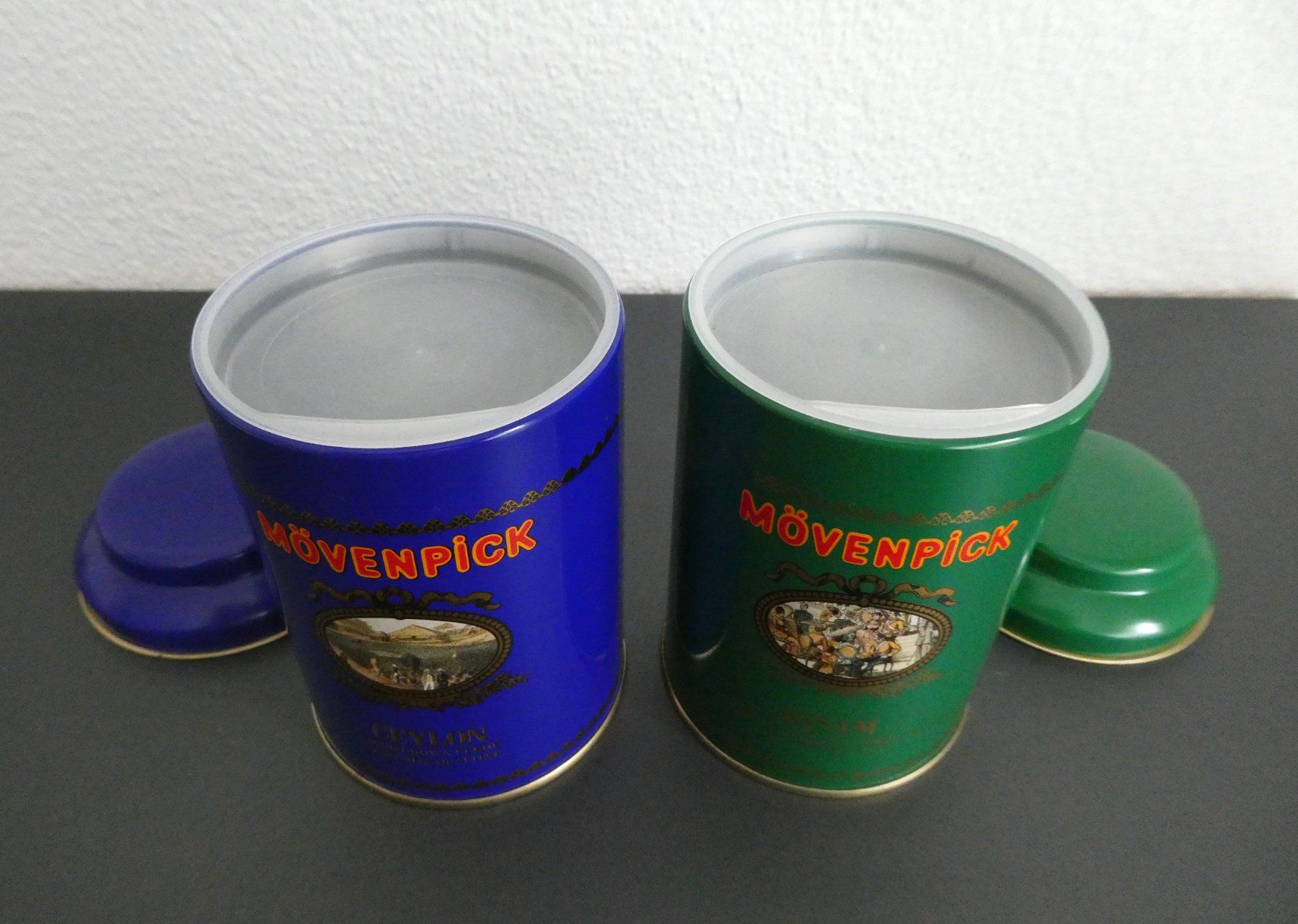2 Blechdosen, Teedosen Mövenpick blau und grün, 80er Jahre (Gebraucht ...